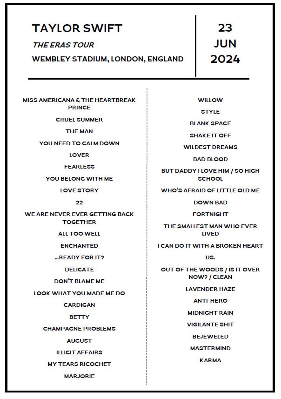 Taylor Swift London 23 June 2024 Replica Setlist Print A4 - Etsy