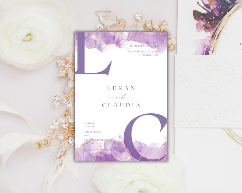 Purple Gold Marble Wedding Invitation, Editable Wedding Invitation ...