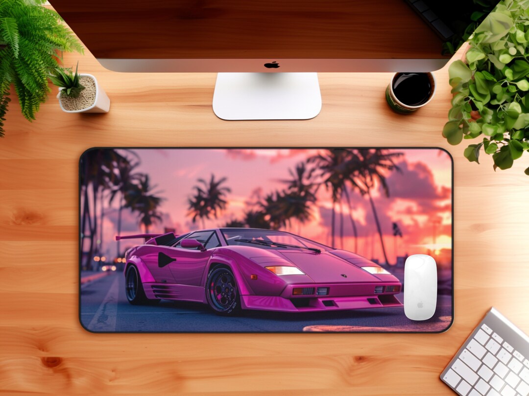 Classic Pink Lamborghini in Miami With Sunset and Palm Trees Mousepad ...