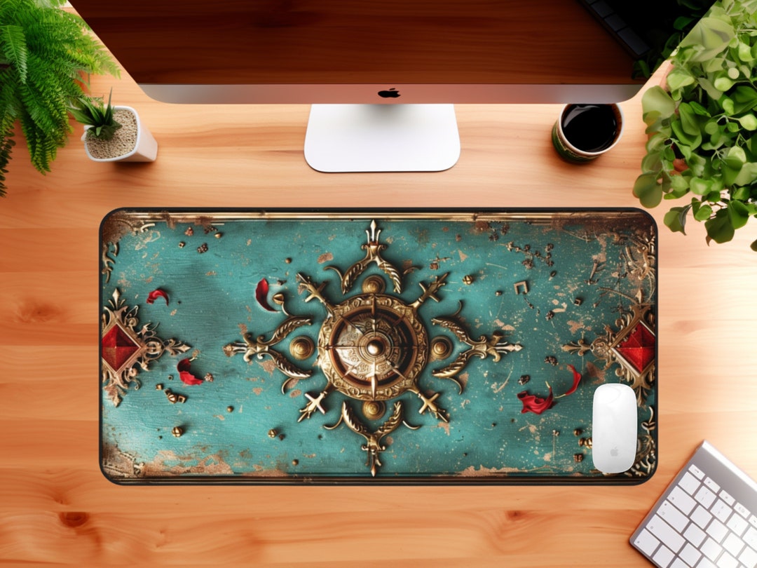 Messy Medieval Teal Wood Table With Gold Instrument and Red Gemstone ...