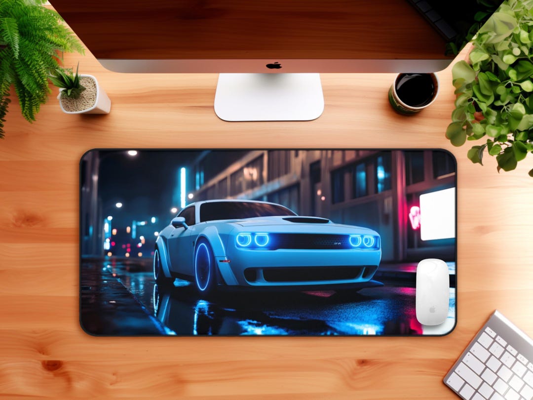 White Dodge Challenger 2024 With Blue Headlights Desk Mat, Automotive ...
