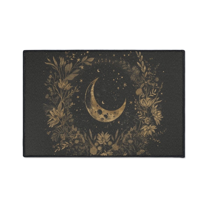 Gold Crescent Moon & Wildflower Mandala Chenille Rug Dark Cottage Core ...