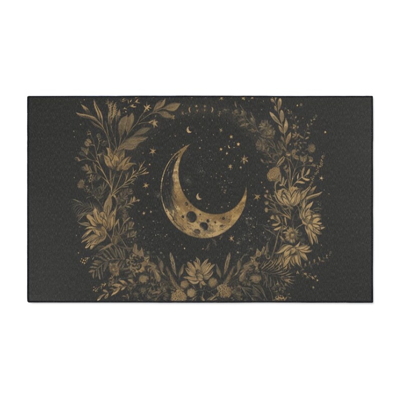 Gold Crescent Moon & Wildflower Mandala Chenille Rug Dark Cottage Core ...