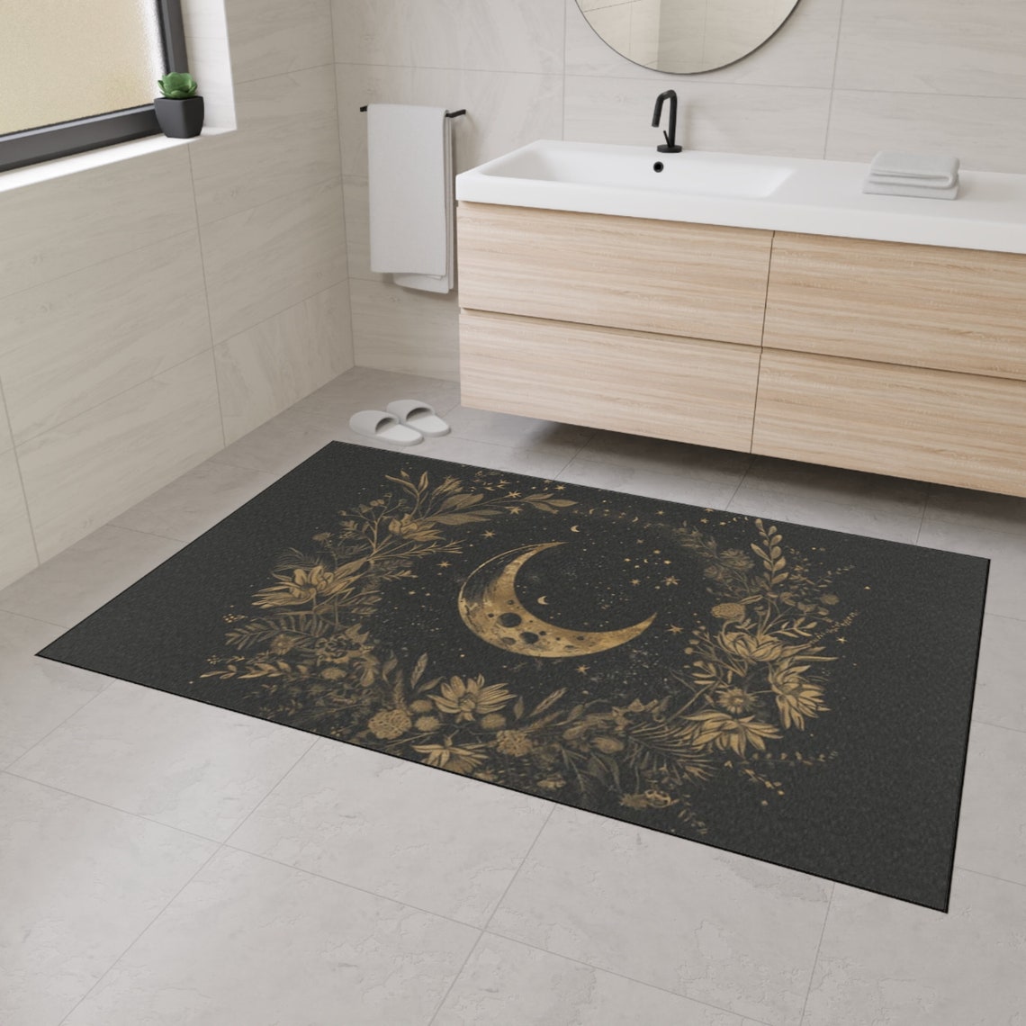 Gold Crescent Moon & Wildflower Mandala Chenille Rug Dark Cottage Core ...