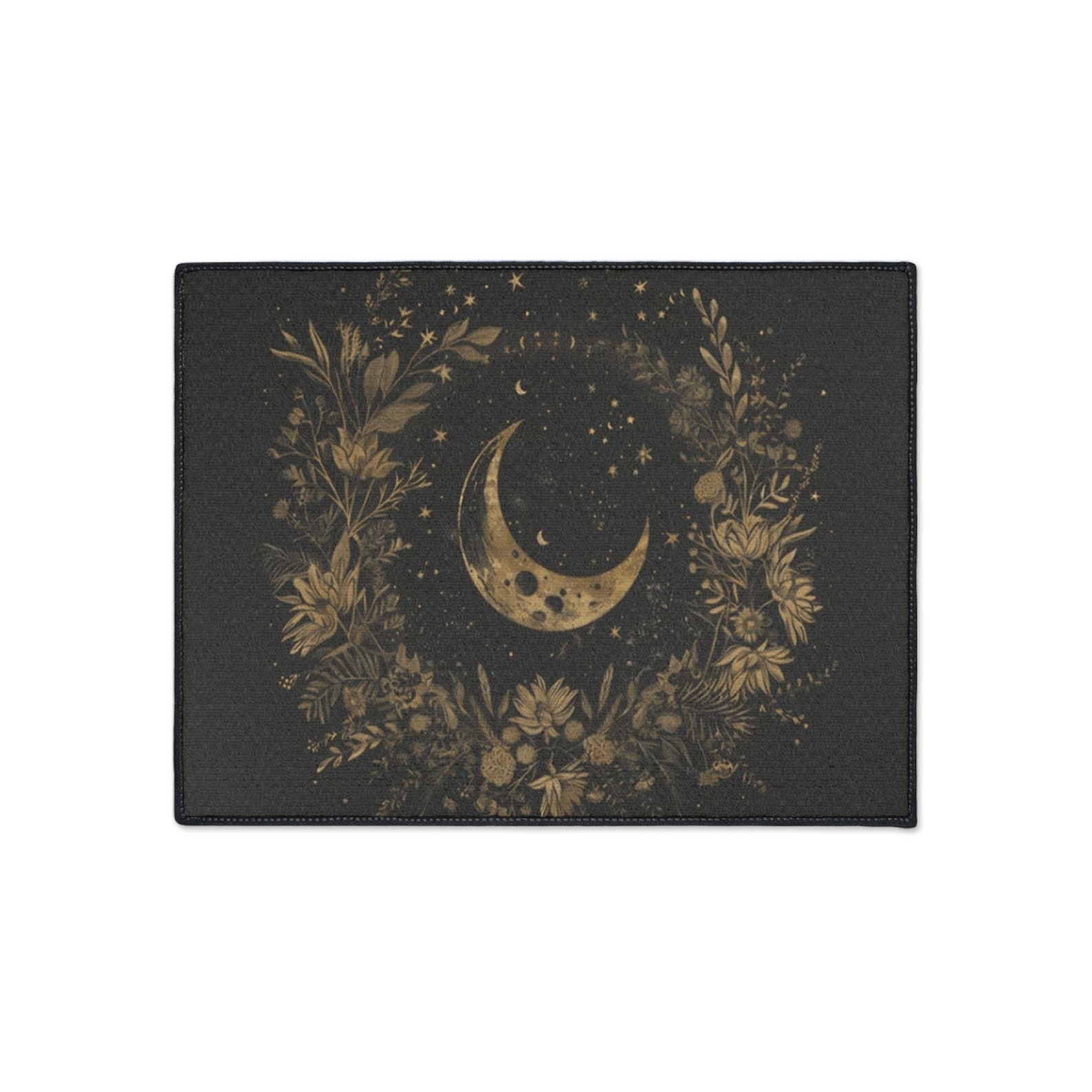 Gold Crescent Moon & Wildflower Mandala Chenille Rug Dark Cottage Core ...
