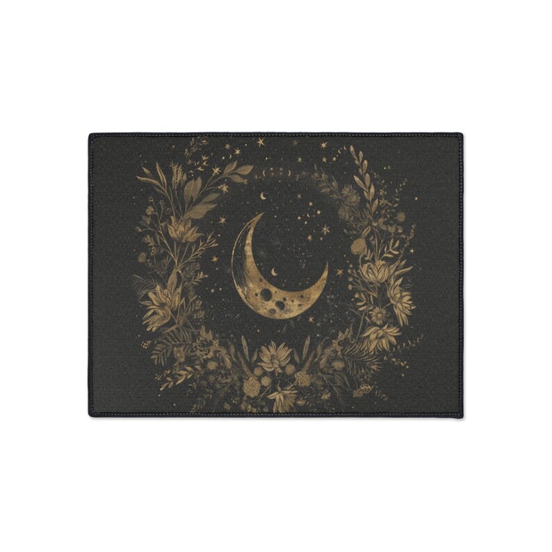 Gold Crescent Moon & Wildflower Mandala Chenille Rug Dark Cottage Core ...