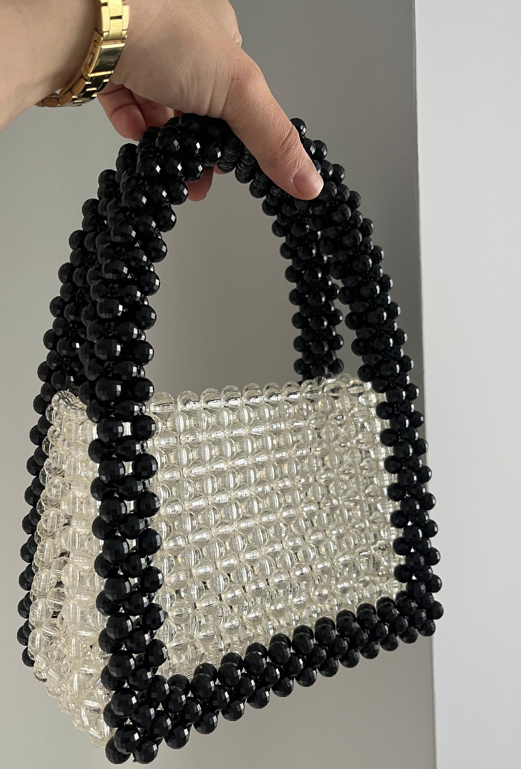 Arcylic Crystal Beaded Hand Bag, Black and Beige Bag, Handmade Bag ...