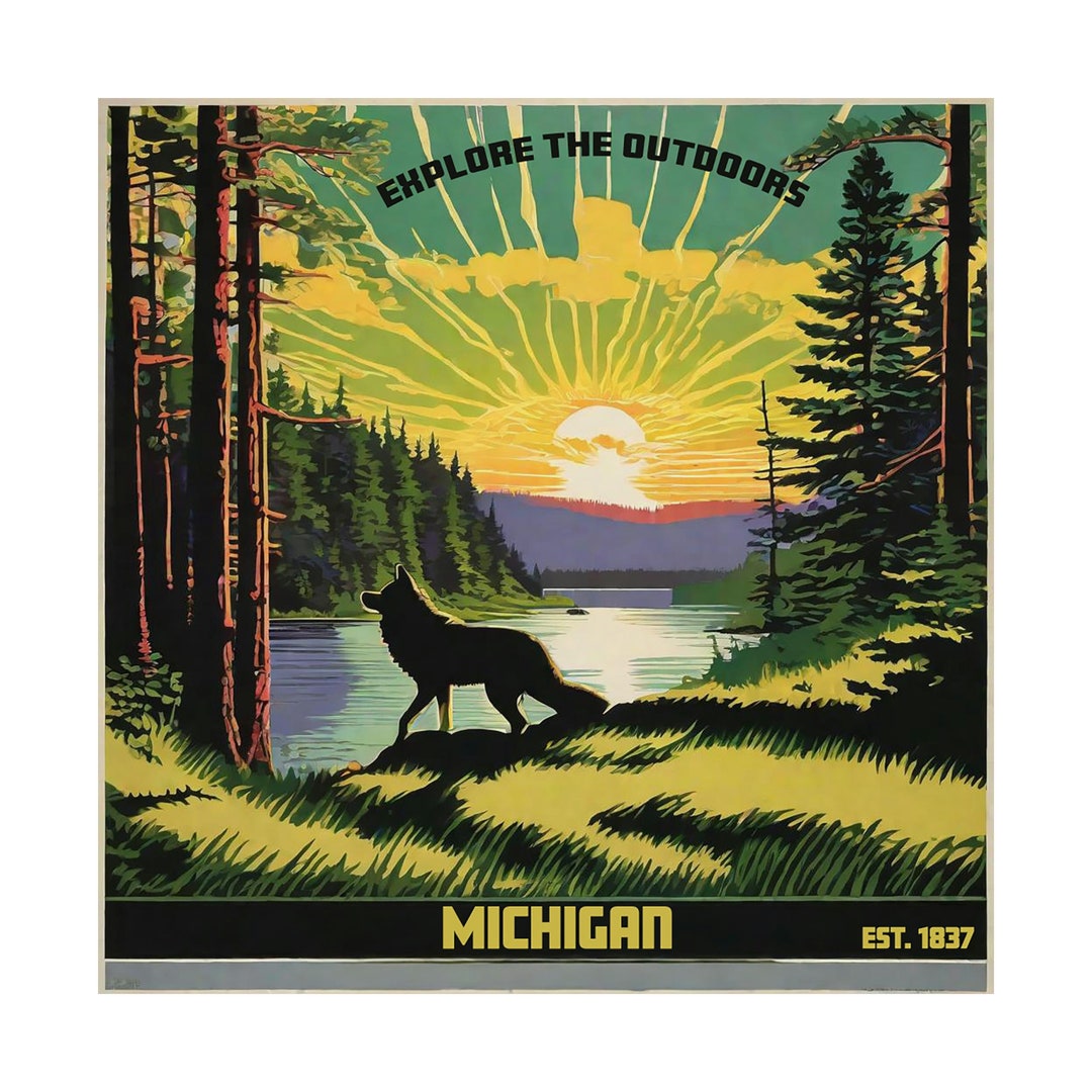 Vintage Michigan Wolf Silhouette Travel Poster - Etsy