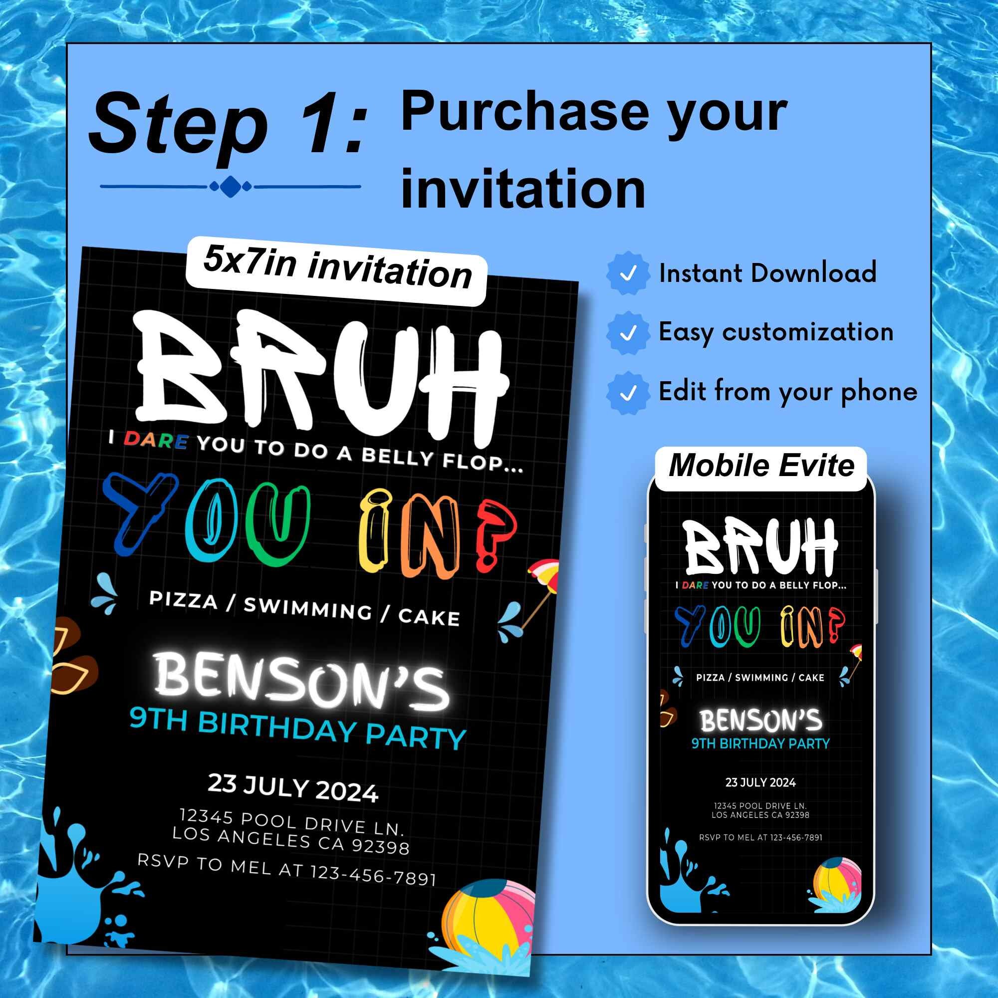 Bruh Pool Birthday Invitation, Boy Birthday Party Invitation, Bruhh It ...