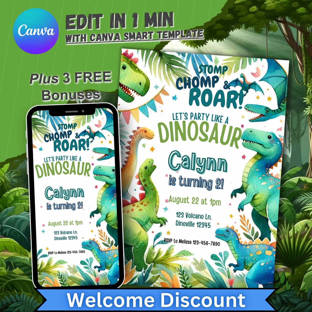 Dinosaur Birthday Invitation, Personalized Invite for Boys Girls, Dino ...