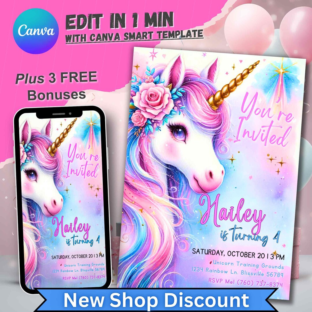 Unicorn Birthday Invitation, Personalized Invite for Girls, Unicorns ...