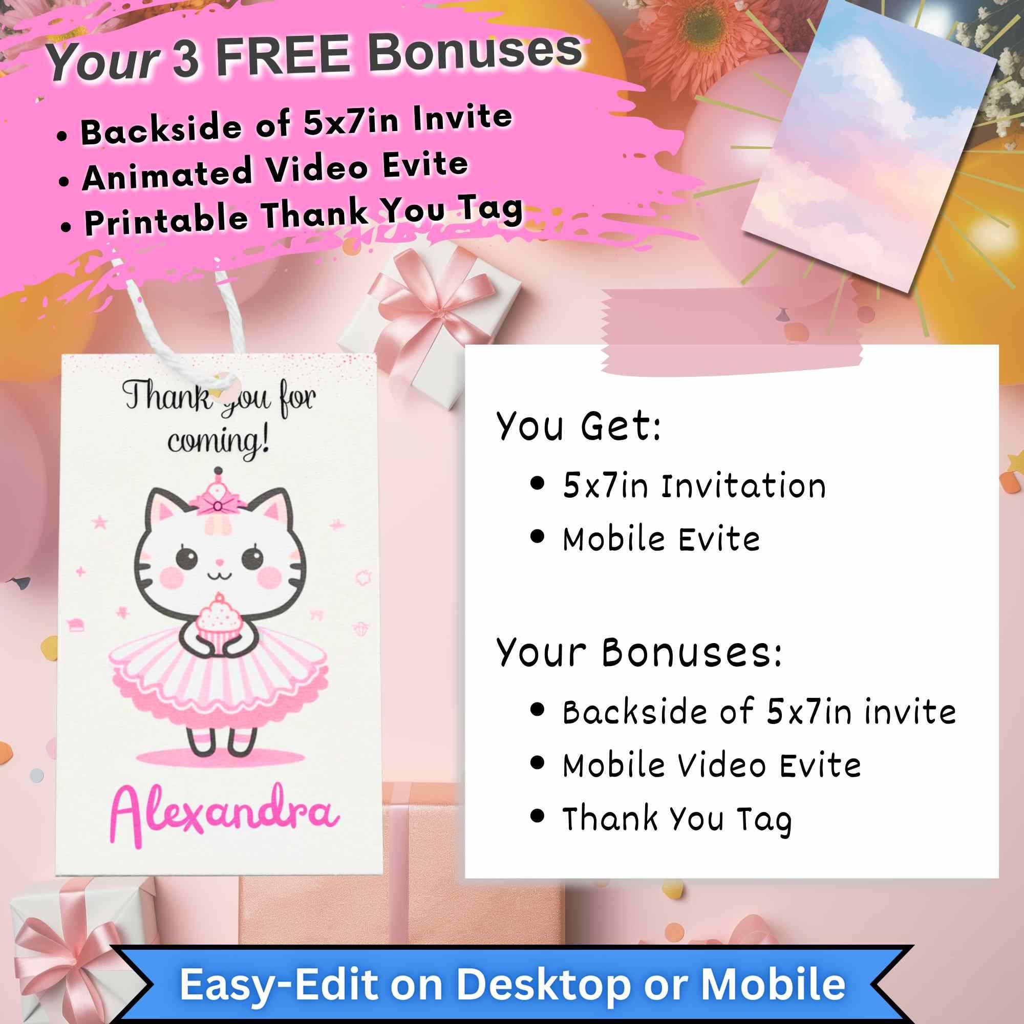 Kawaii Cat Birthday Invitation, Personalized Invite for Girls, Kawaiii ...