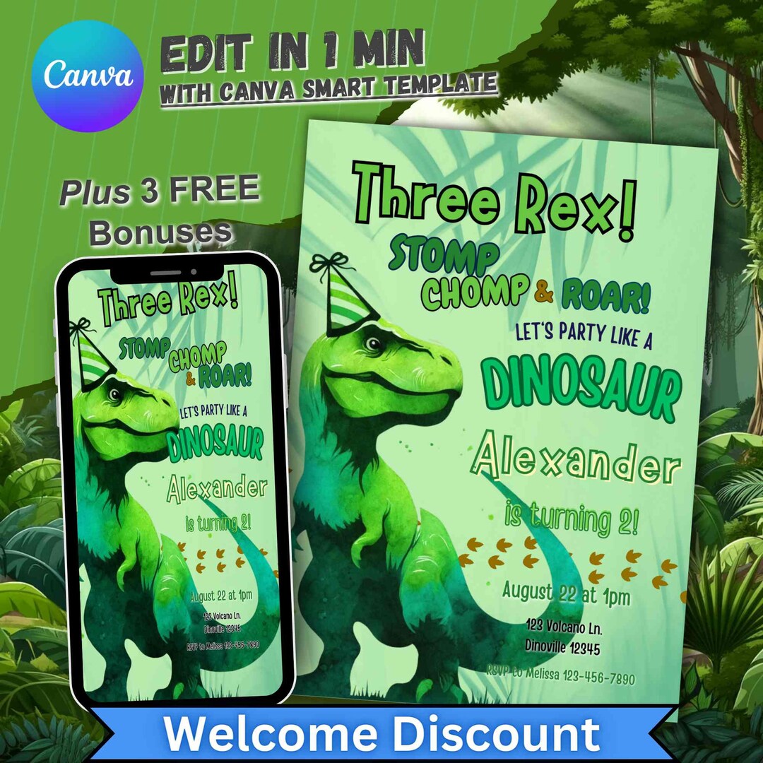 Threerex Dinosaur Birthday Invitation, Three Rex Personalized Invite ...