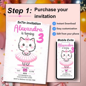 Kawaii Cat Birthday Invitation, Personalized Invite for Girls, Kawaiii ...