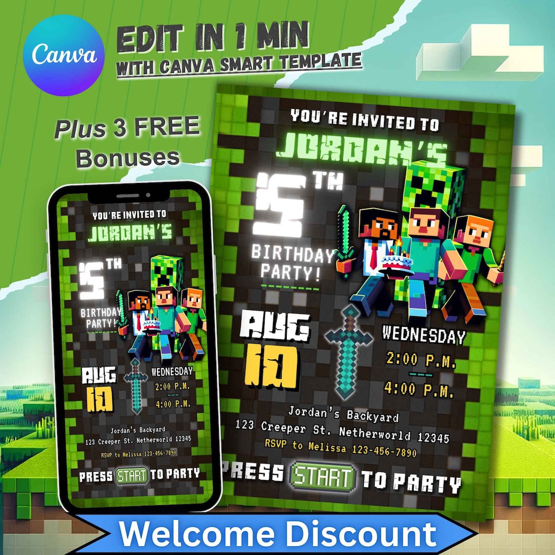 Minecrafter Birthday Invitation, Minecraft Invite for Boys and Girls ...