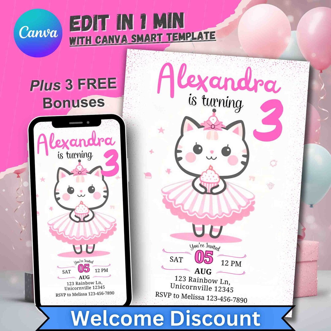Kawaii Cat Birthday Invitation, Personalized Invite for Girls, Kawaiii ...