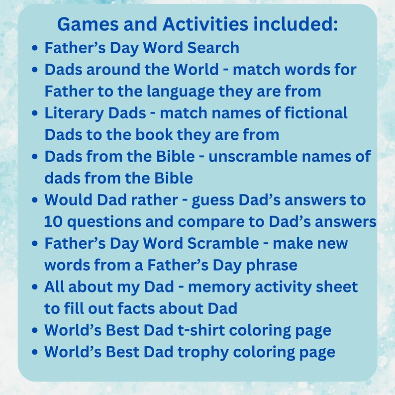 Fathers Day Activities and Games, Word Search, Word Scramble, All About ...