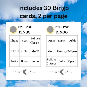 Eclipse Bingo Game, Printable Bingo Sheets - Etsy