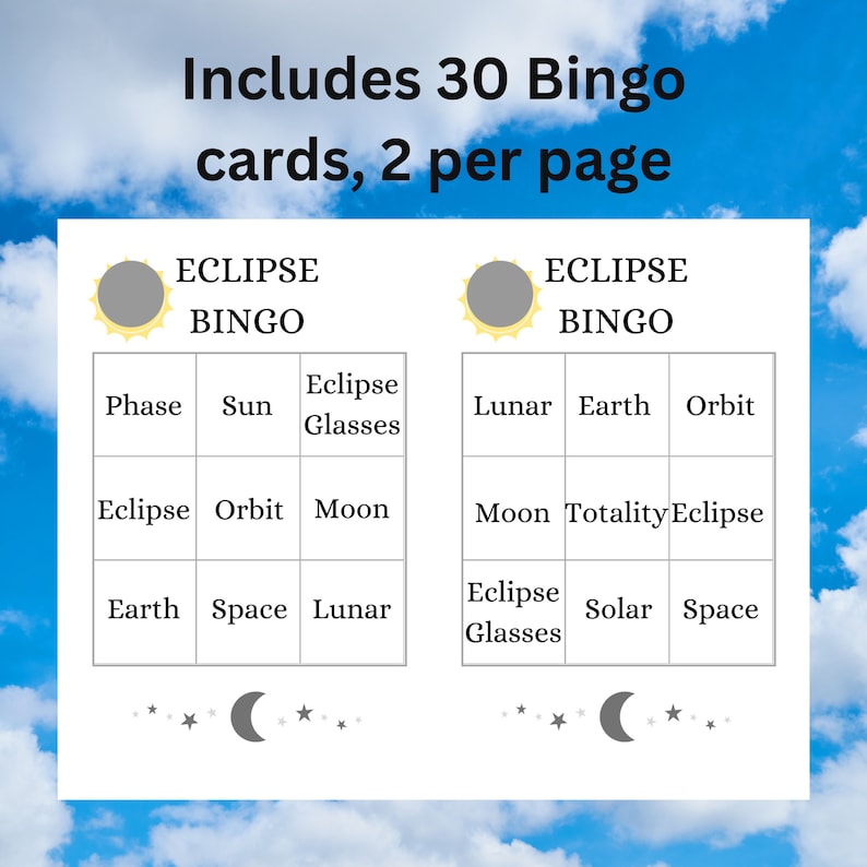 Eclipse Bingo Game, Printable Bingo Sheets - Etsy