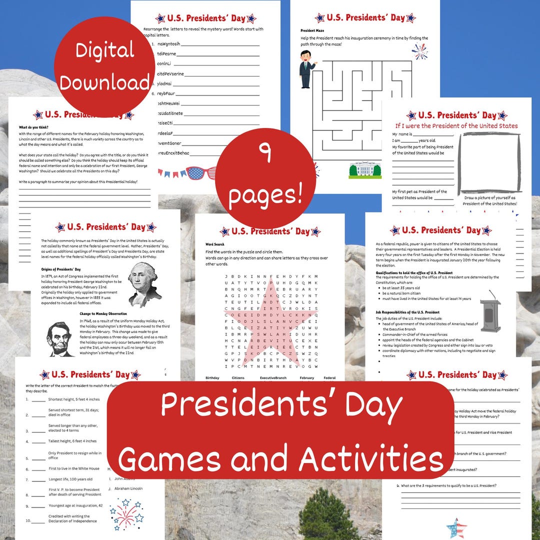 Presidents Day Activities, Word Search, President Trivia Game ...
