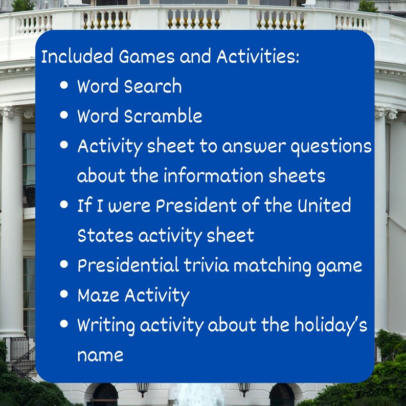 Presidents Day Activities, Word Search, President Trivia Game ...