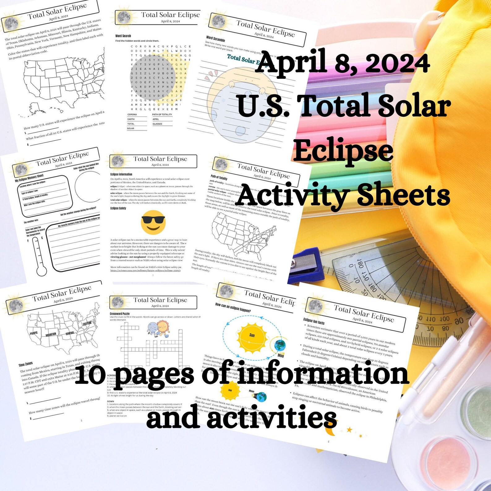April 8, 2024 Total Solar Eclipse Activity Pages, Printable Eclipse ...