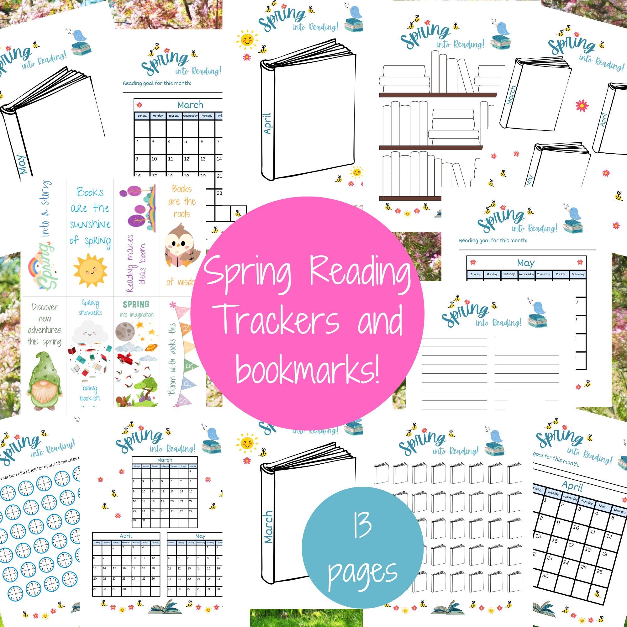 Spring Reading Log, Printable Book Tracker Sheets, Bookmarks, Bookshelf ...