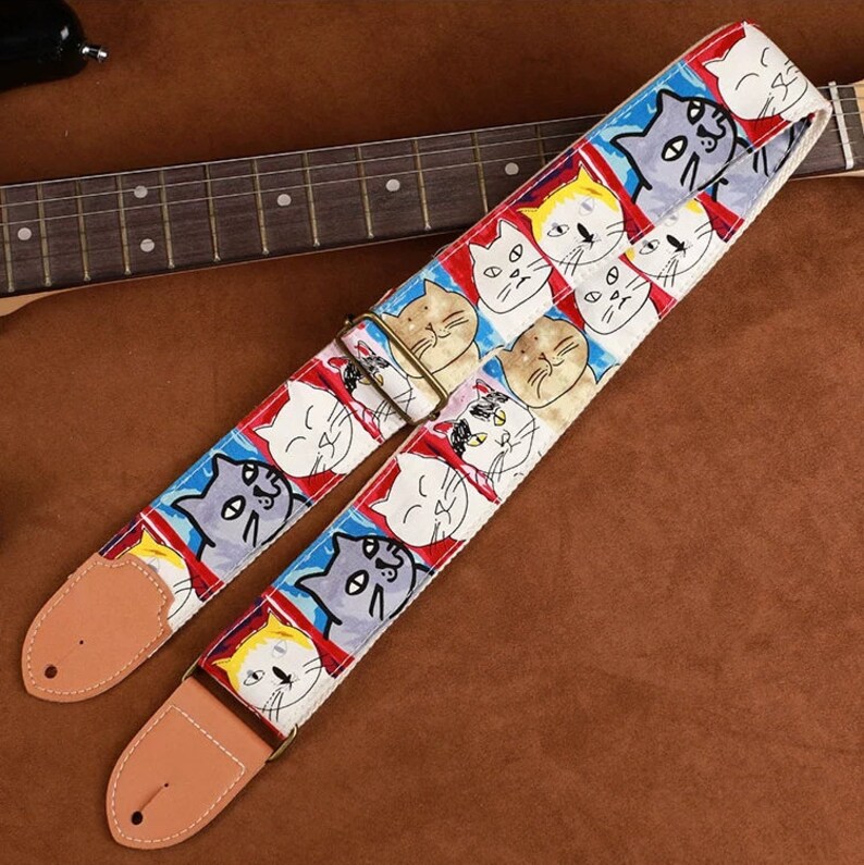 Cartoon Cat Guitar Strap, Handmade Punk Style Guitar Strap, Bass Guitar ...