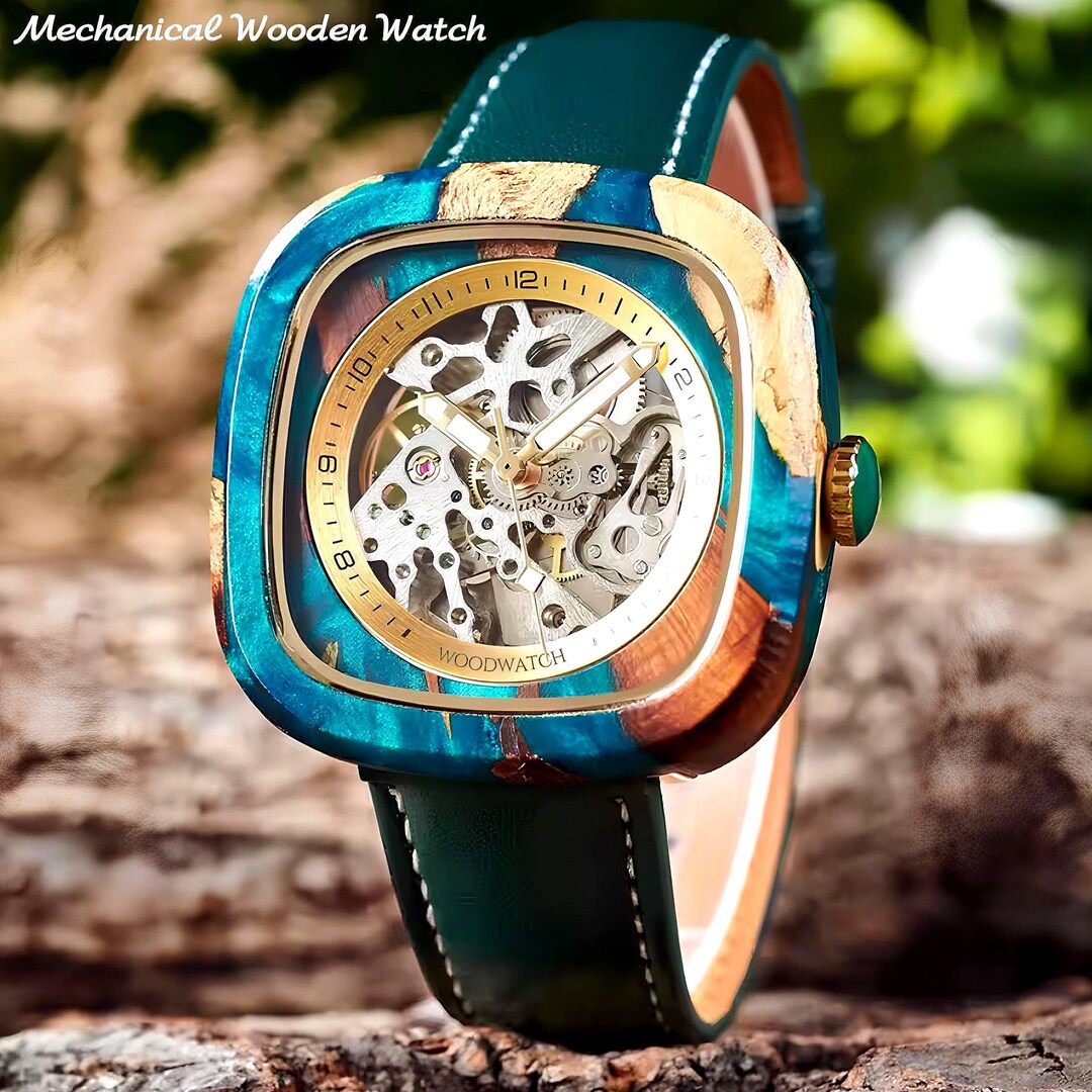 Engraved Mechanical Wooden Watch: Watch With Epoxy Resin and Leather ...