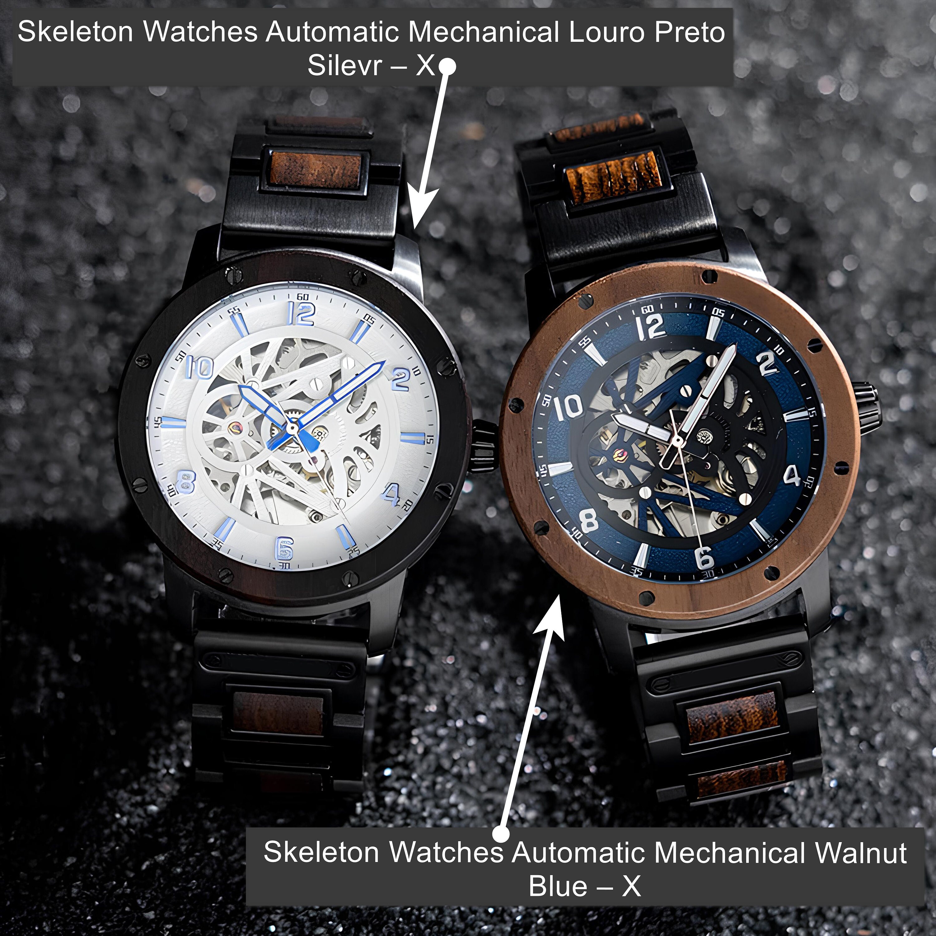 Handcrafted Skeleton Automatic Mechanical Walnut Wood Watch Rustic ...