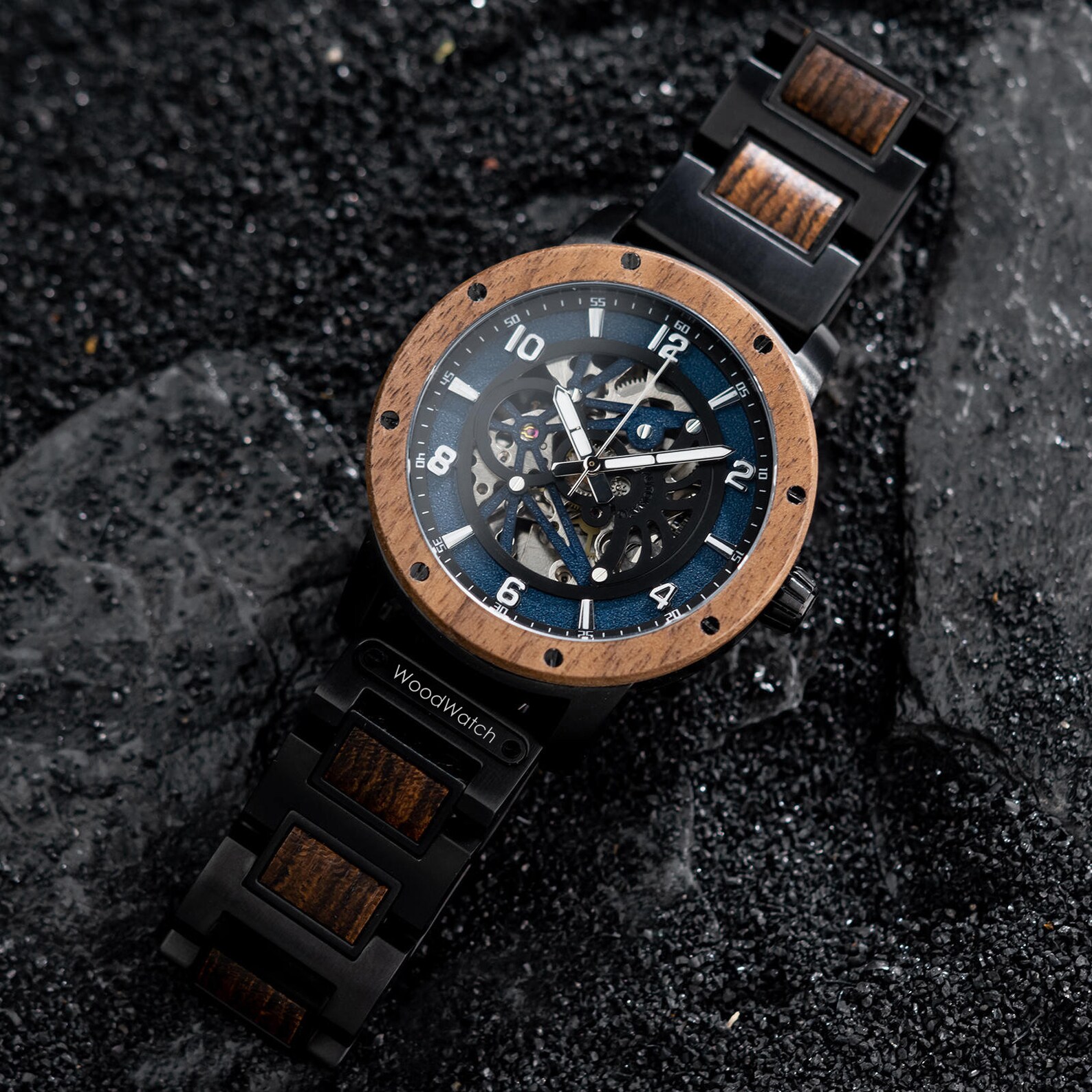 Handcrafted Skeleton Automatic Mechanical Walnut Wood Watch Rustic ...