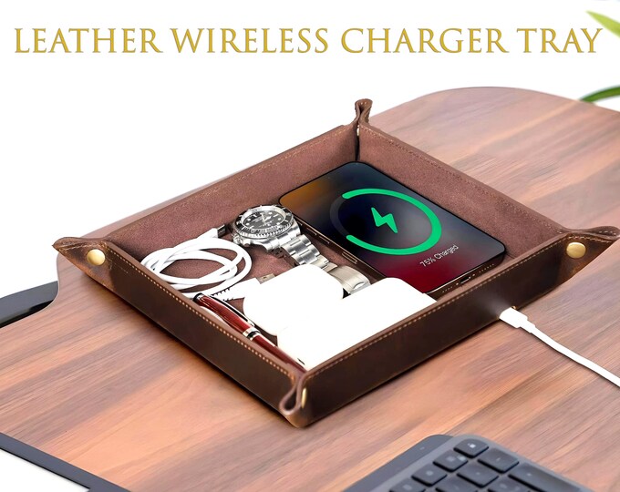 Personalized Leather Valet Tray With Wireless Charger: Desk & Key ...