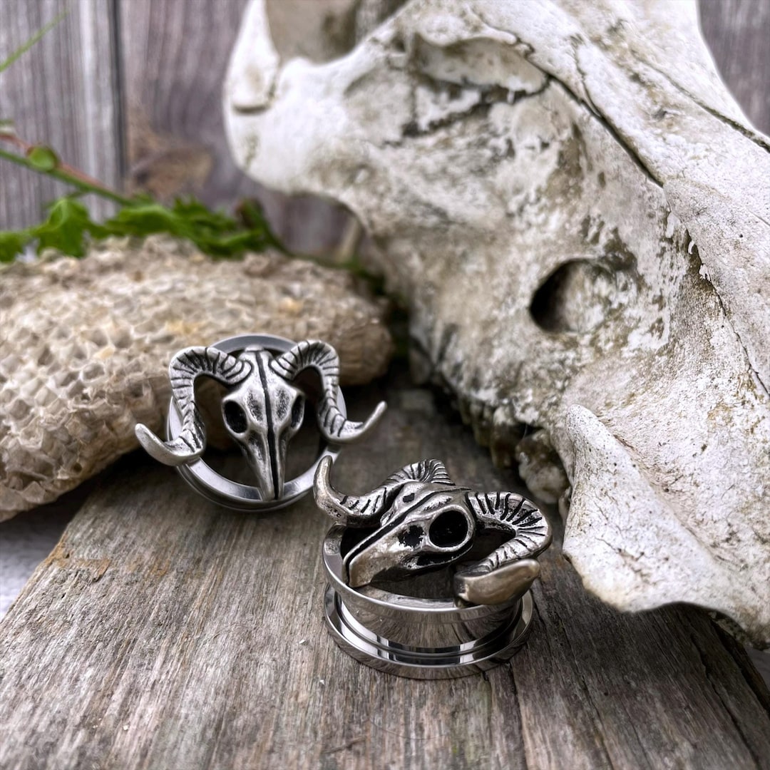 Baphomet Ear Tunnels - Stainless Steel Ear Plugs - Goat Skull Gothic ...