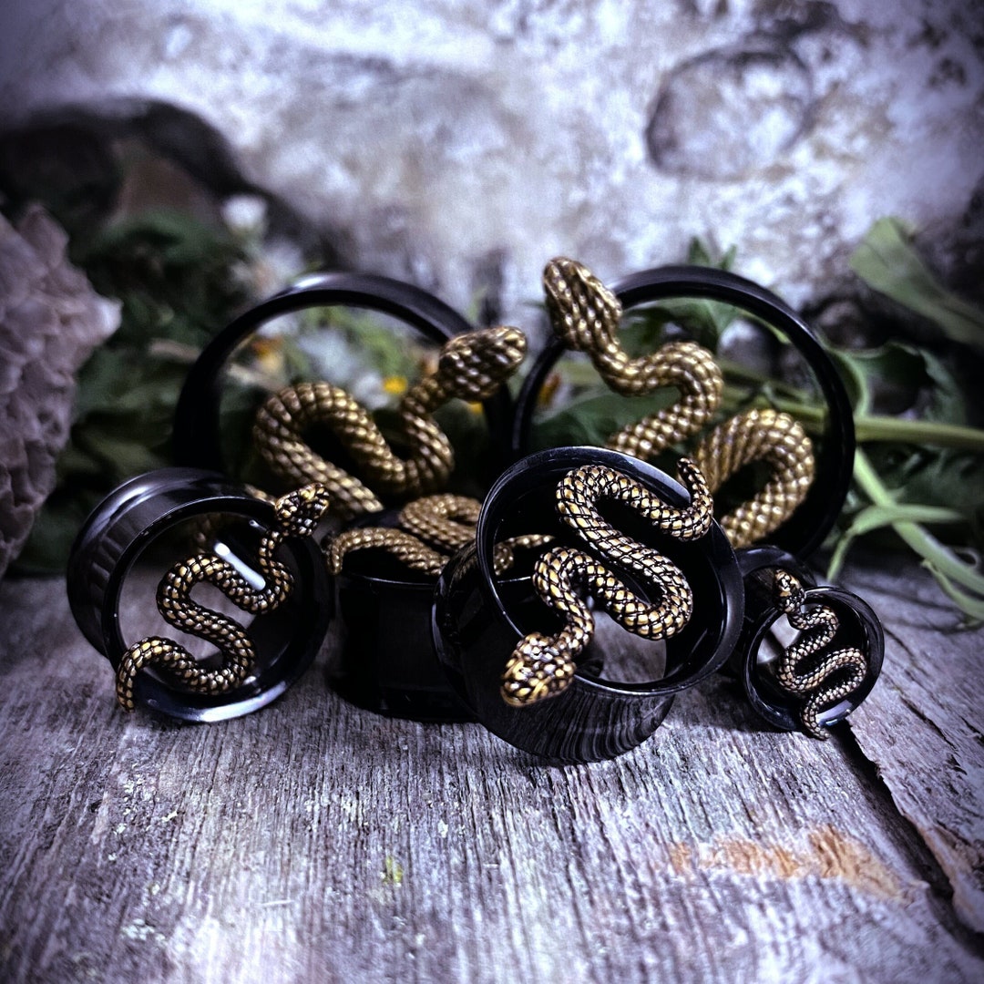 Golden Serpent Ear Tunnels - Black Stainless Steel Ear Plugs - Punk ...