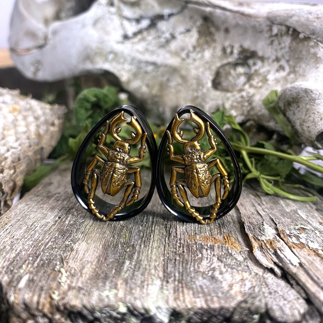 Golden Scarab Beetle Teardrop Ear Tunnels - Black Stainless Steel Ear ...