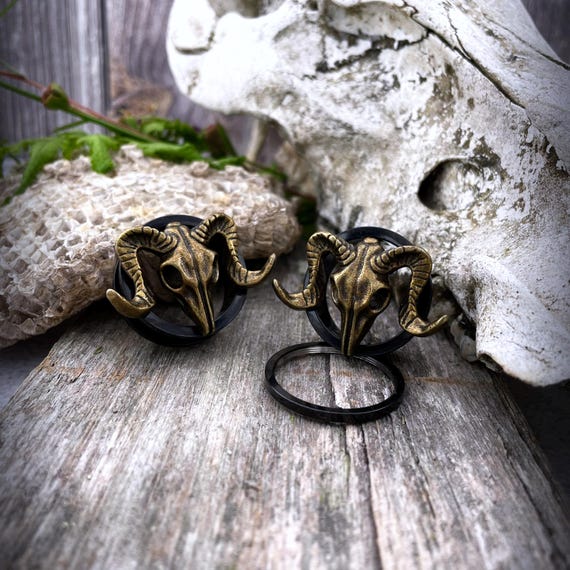 Baphomet Ear Tunnels Black Stainless Steel Ear Plugs Goat Skull Gothic Screw Fit Ear Gauges Goat s Head Punk Pagan Goth Earrings Etsy