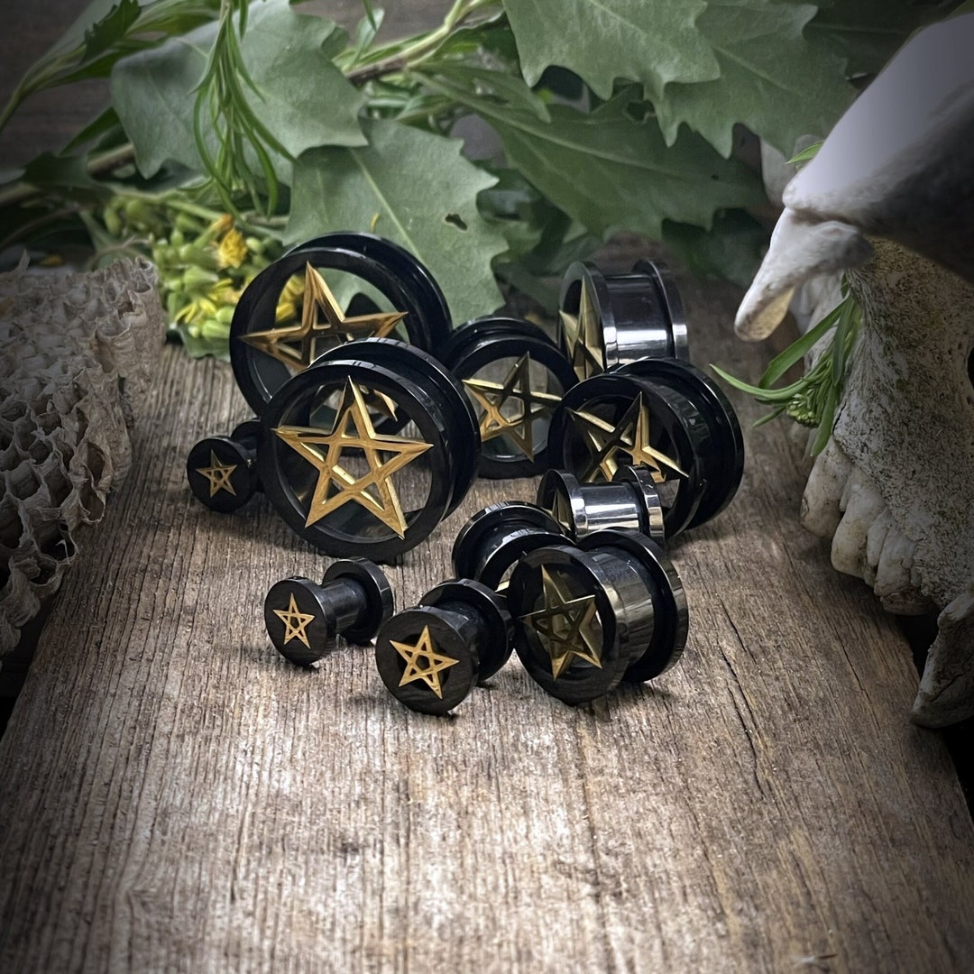Black Stainless Steel Ear Tunnels - Gold Pentagram Ear Plugs - Gothic ...