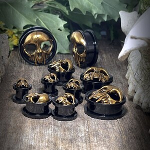 Black Stainless Steel Ear Tunnels Gold Vampire Skull With Fangs Ear ...