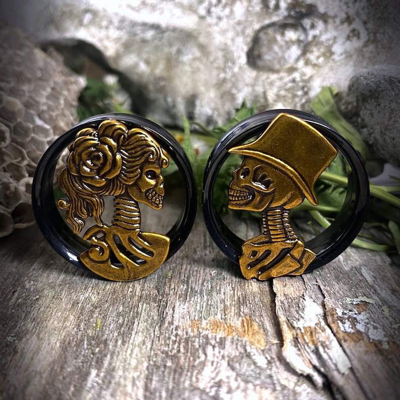 Mr. & Mrs. Death Ear Tunnels - Double Flare Black Stainless Steel Ear ...