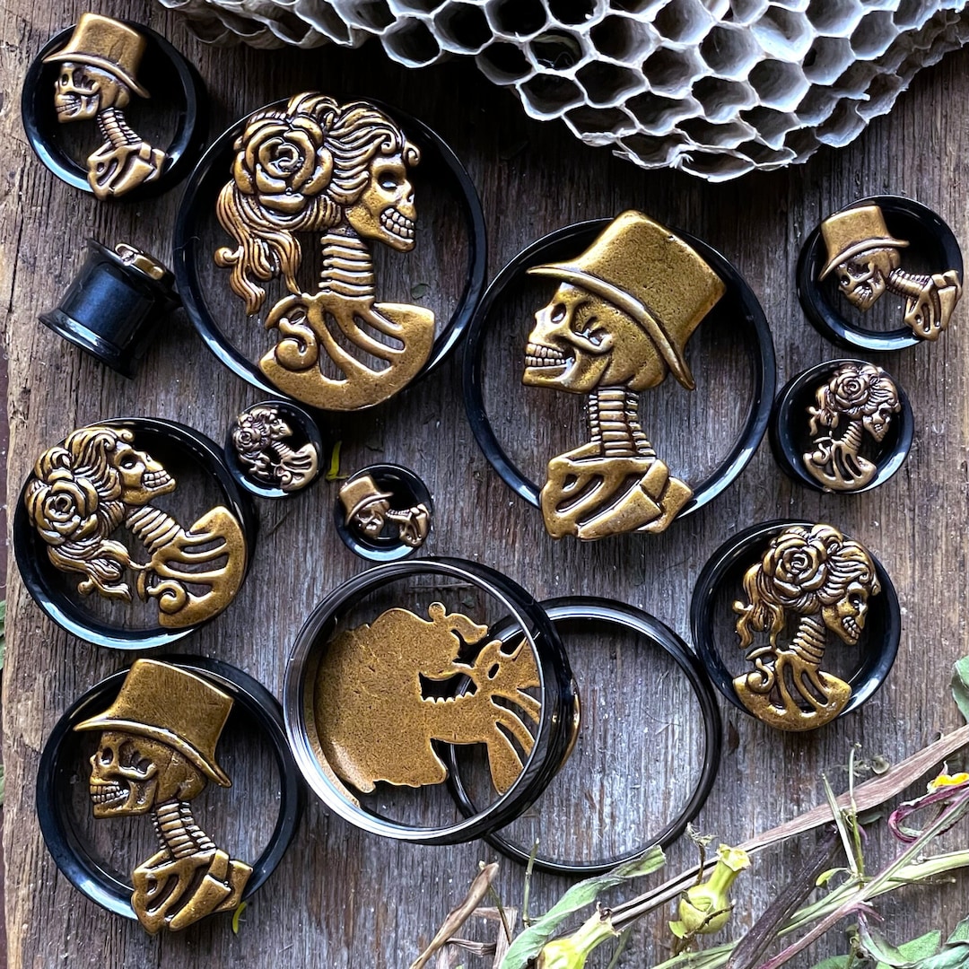 Mr. & Mrs. Death Ear Tunnels - Double Flare Black Stainless Steel Ear ...