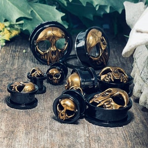 Black Stainless Steel Ear Tunnels Gold Vampire Skull With Fangs Ear ...