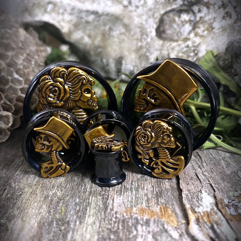 Mr. & Mrs. Death Ear Tunnels - Double Flare Black Stainless Steel Ear ...
