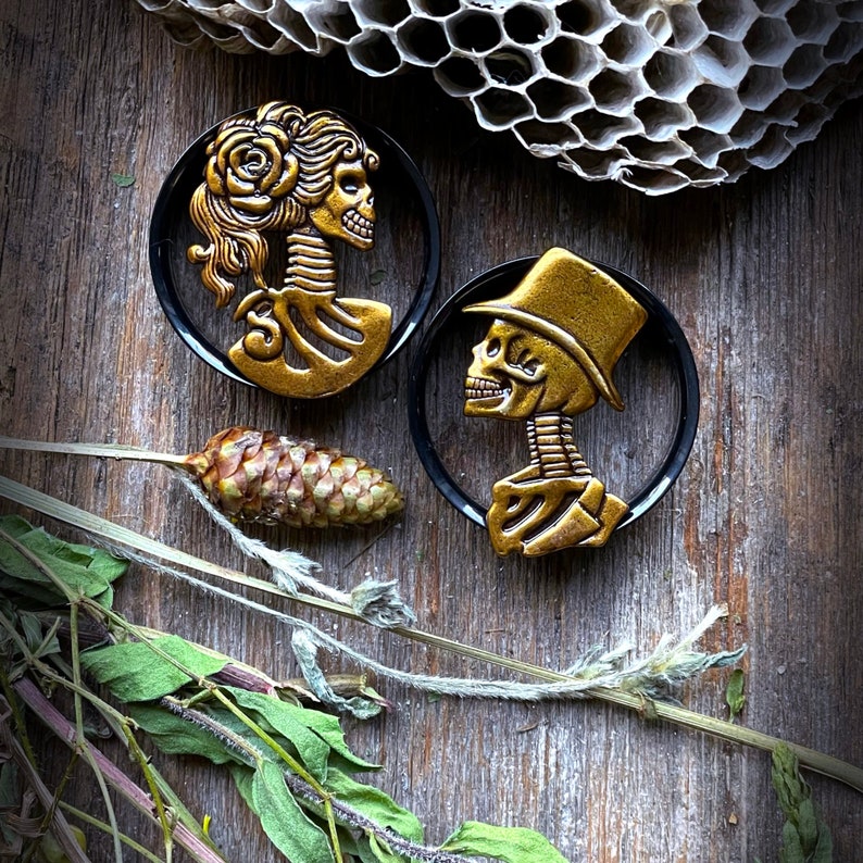 Mr. & Mrs. Death Ear Tunnels - Double Flare Black Stainless Steel Ear ...