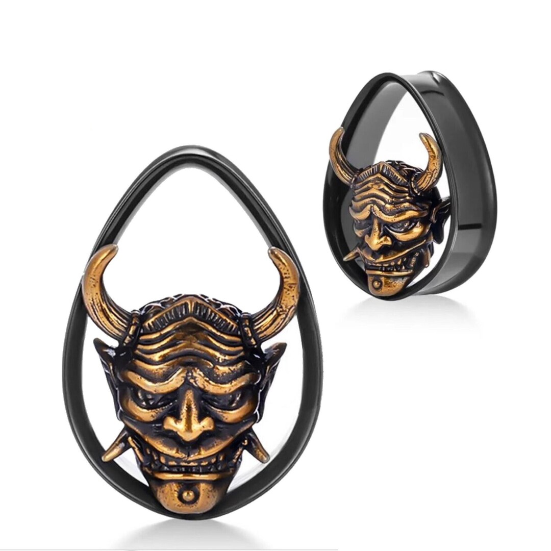 Oni Teardrop Ear Tunnels Japan Troll Demon Black Stainless Steel Ear ...