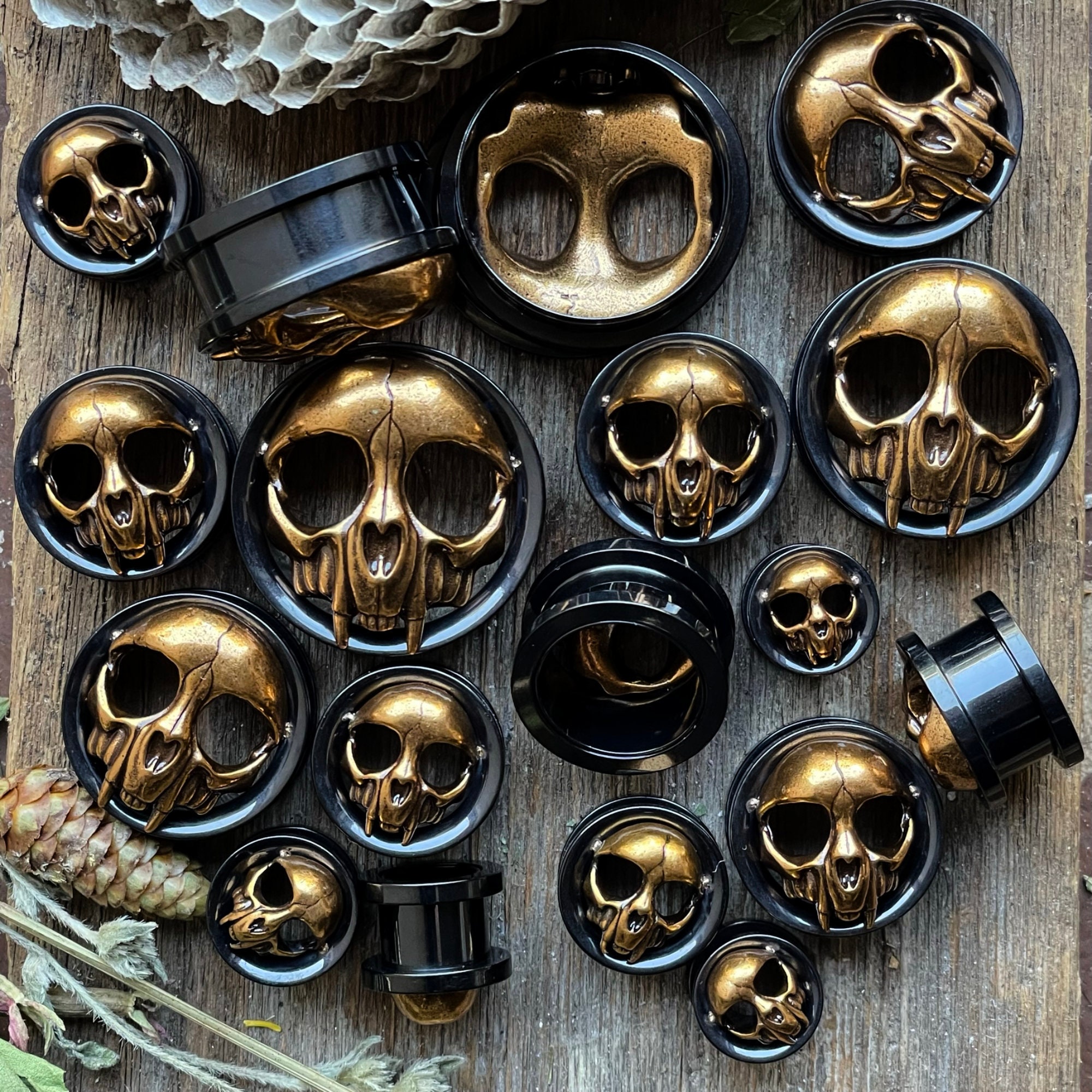 Black Stainless Steel Ear Tunnels Gold Vampire Skull With Fangs Ear ...