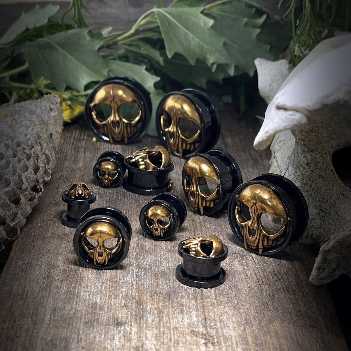 Black Stainless Steel Ear Tunnels Gold Vampire Skull With Fangs Ear ...