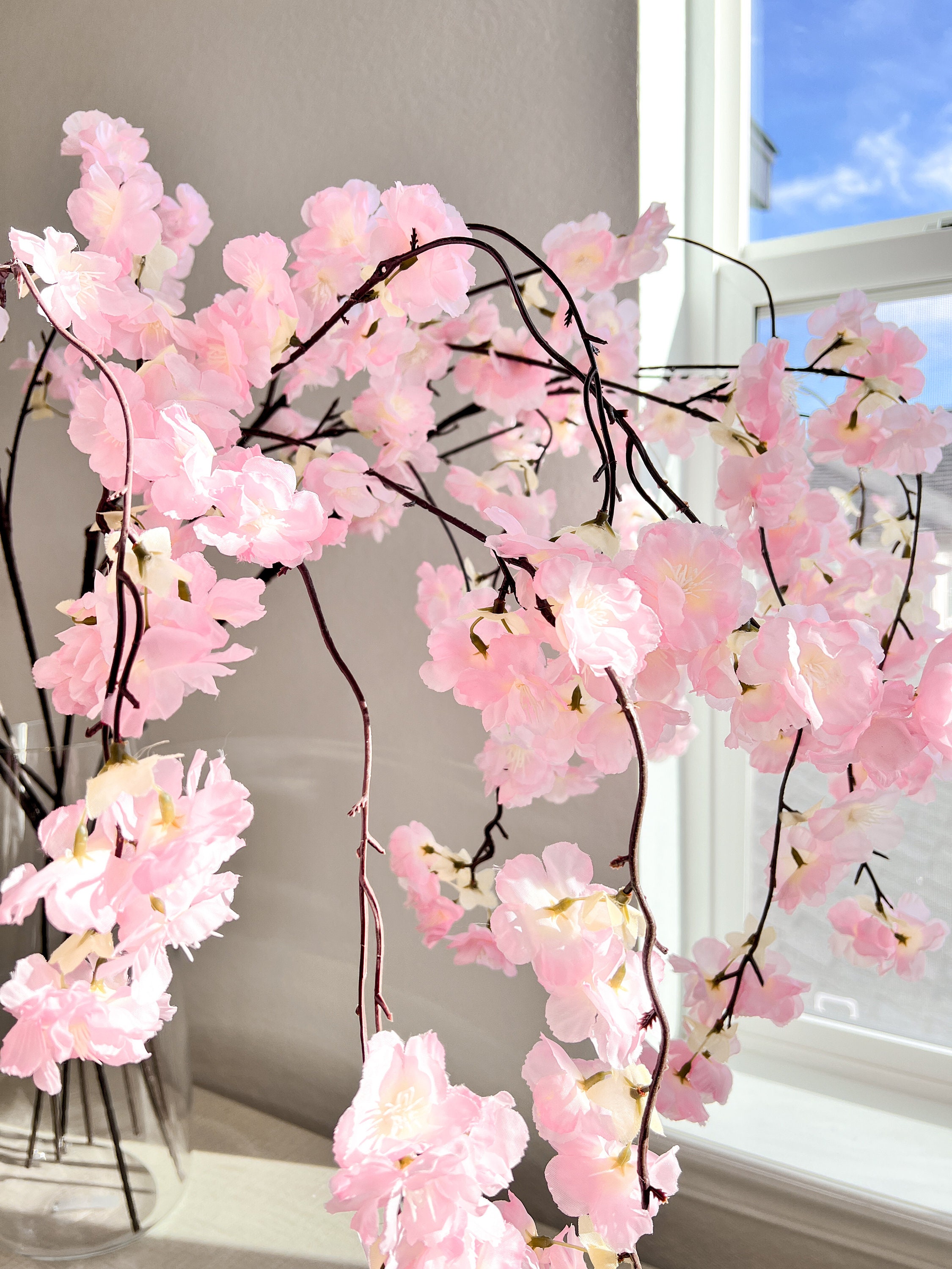 Pink Faux Hanging Cherry Blossom pack of 3 Stems, Artificial Pink ...