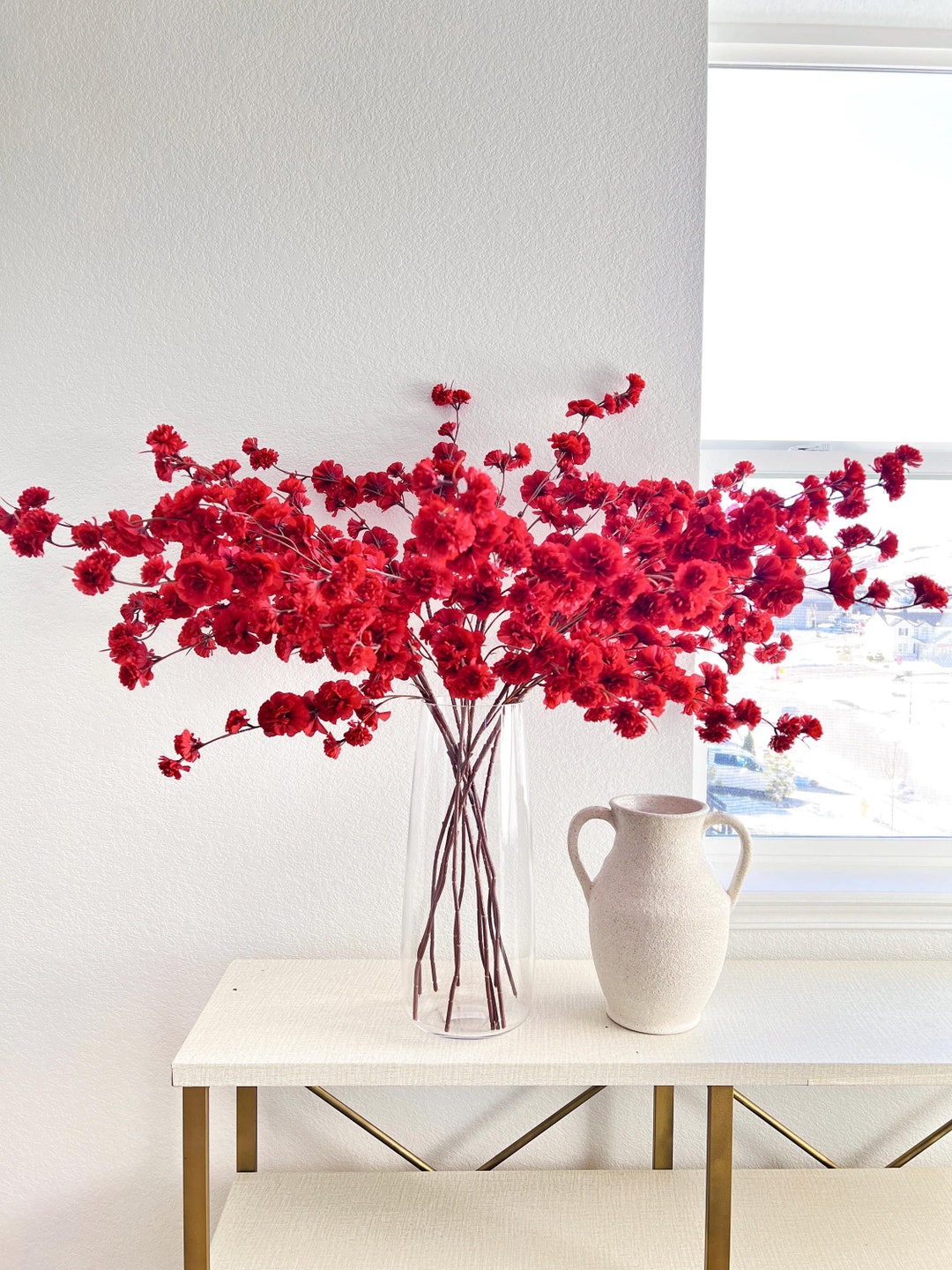 Faux Red Silk Cherry Blossom Stem (pack of 3 Stems), Artificial Cherry ...
