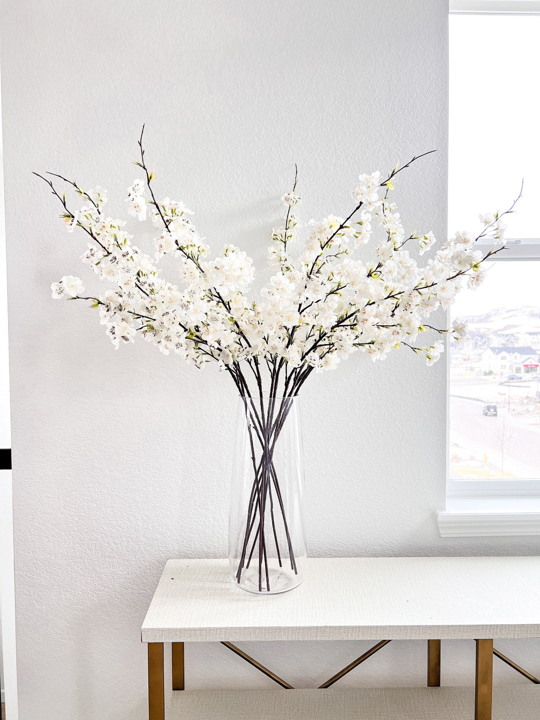 White Faux Silk Cherry Blossom (pack of 3 Stems), Artificial White ...