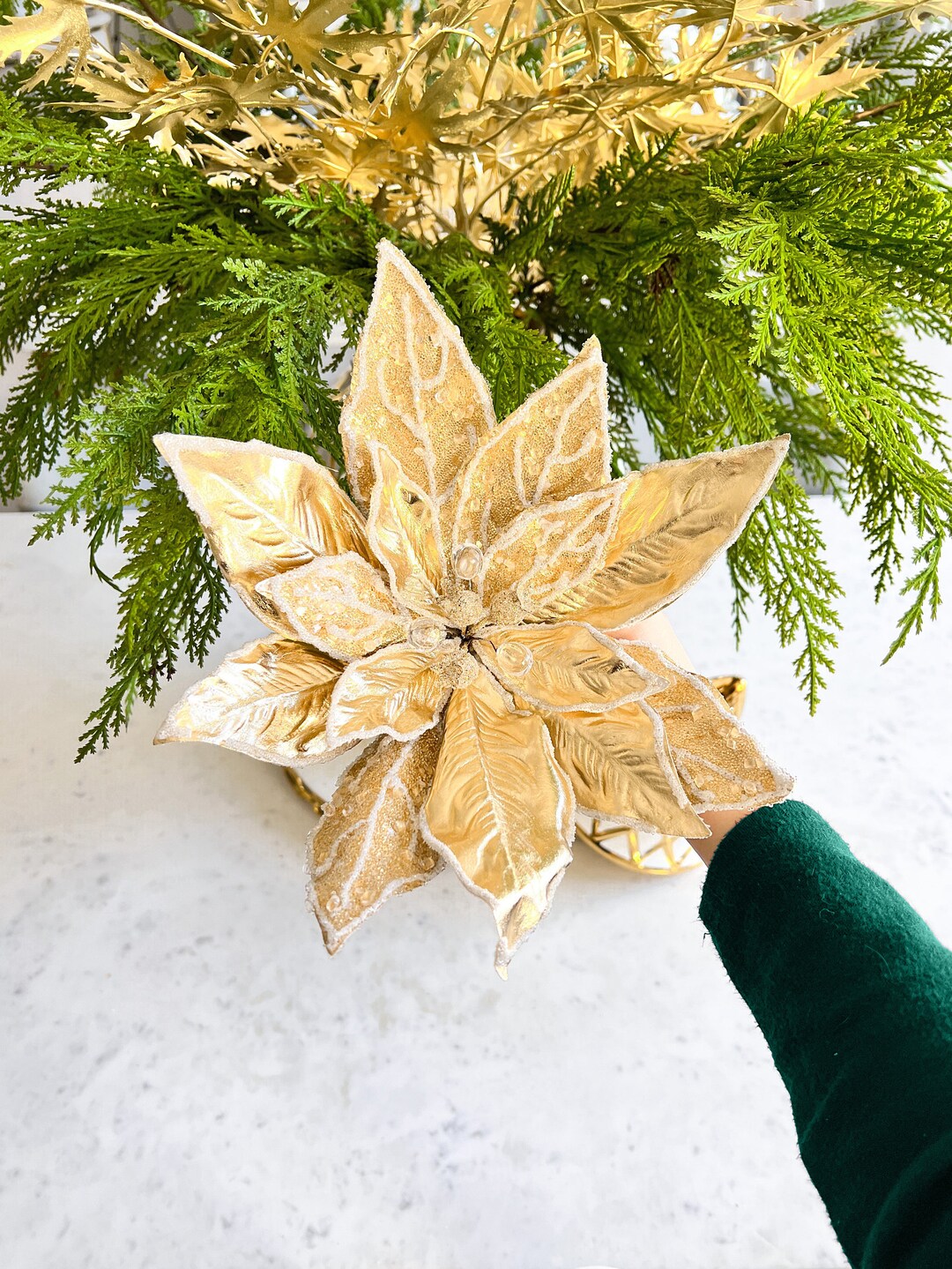 Gold Jeweled Poinsettia Spray Stem, Gold Christmas Poinsettia Stem ...